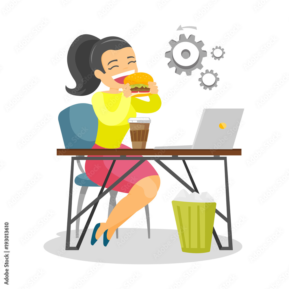 Young caucasian white business woman sitting at the workplace with ...