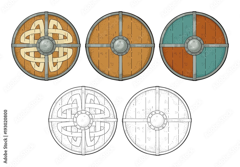 Set wood round shields with viking runes, iron border. Engraving Stock ...