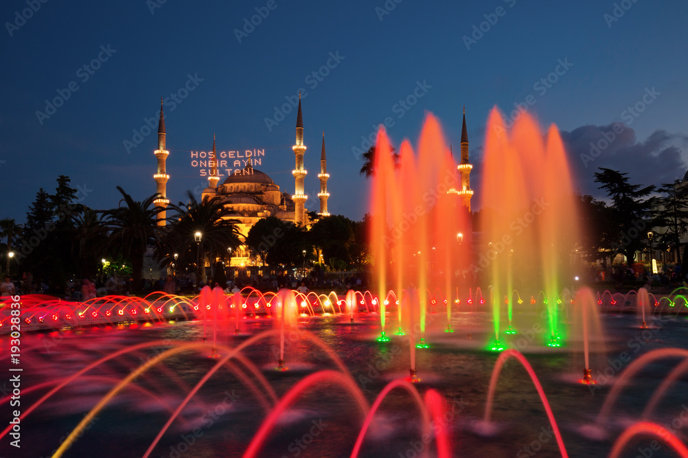 Blue Mosque with the fountain in the foreground, famous tourist ...