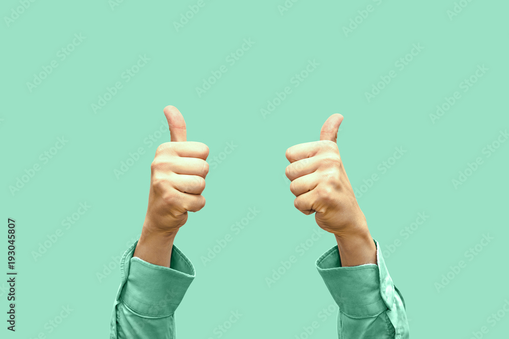 Thumbs up, two hands. View of two hands with raised thumbs, isolated on ...