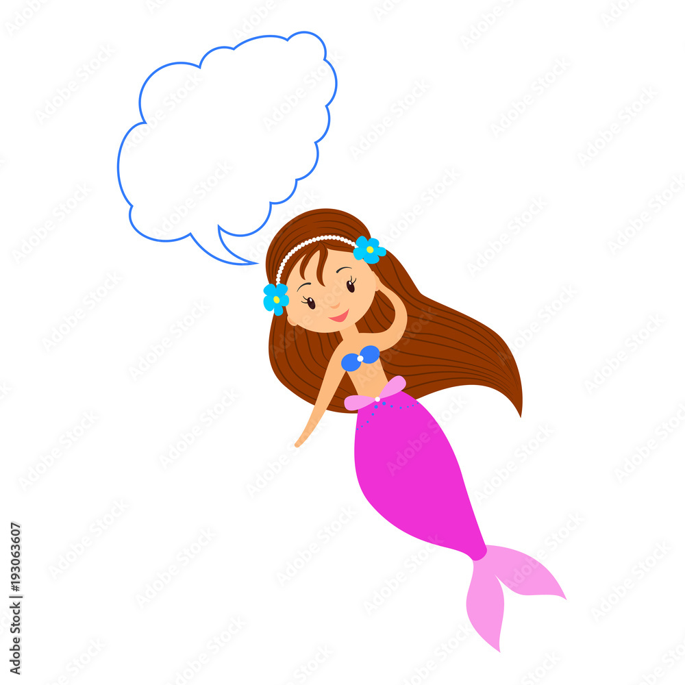 Cute little mermaid with speech bubble on white background. Cartoon ...