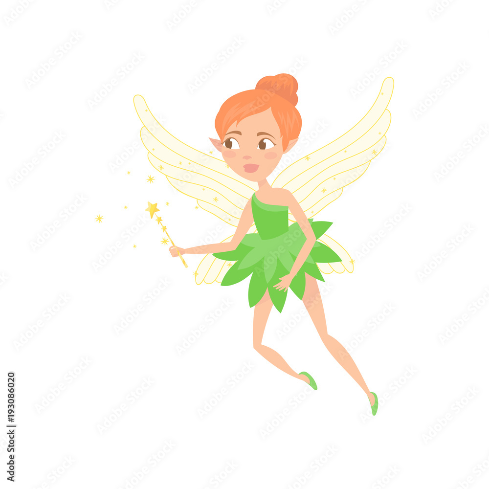 Cartoon illustration of fairy girl with magic wand in hand. Cute fairytale character with elf ...
