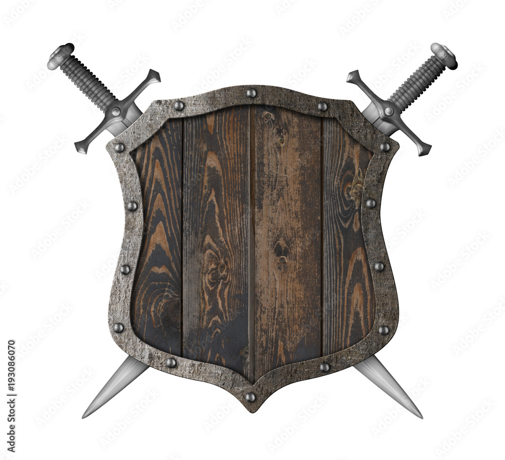 Wooden medieval heraldic shield with crossed swords 3d illustration ...