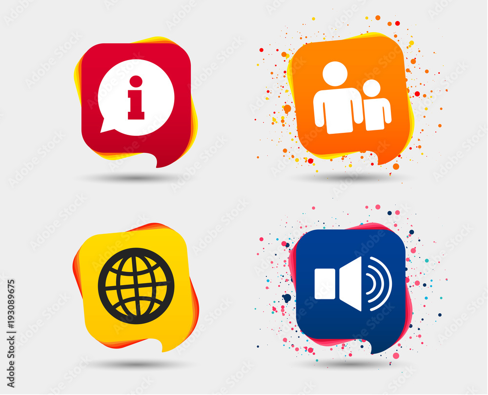 Information sign. Group of people and speaker volume symbols. Internet ...