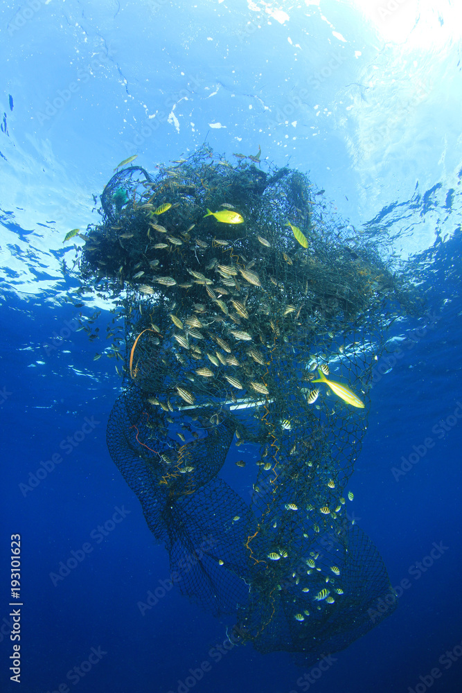 Ghost net. Abandoned fishing net pollution of ocean environment Stock ...