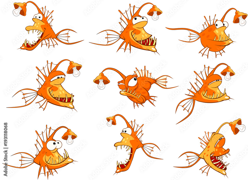 Monk Fish Set . Deep-water Fish. Cartoon Character Stock Vector | Adobe ...