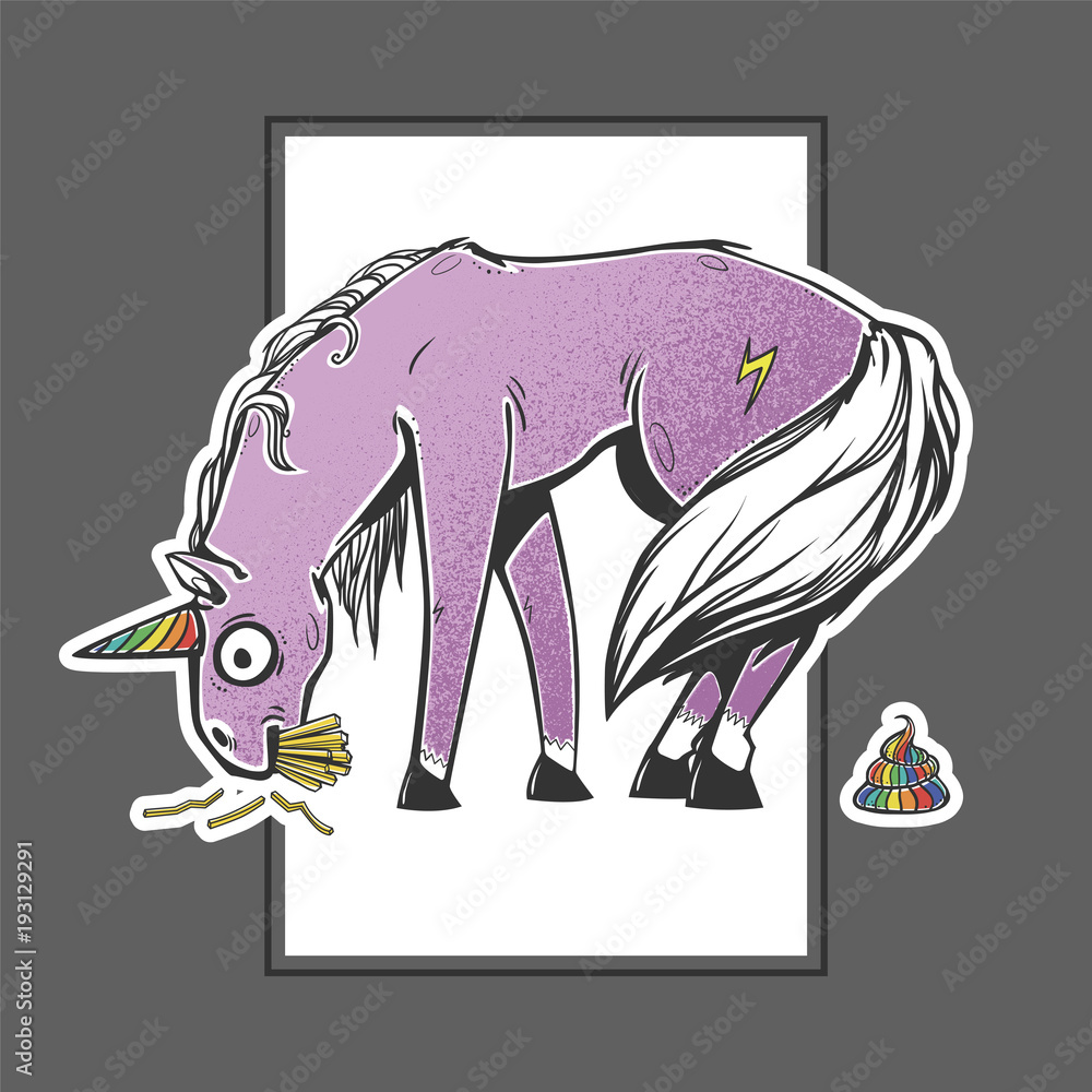 Embarrassed unicorn with rainbow horn and rainbow poop. Unicorn eating ...