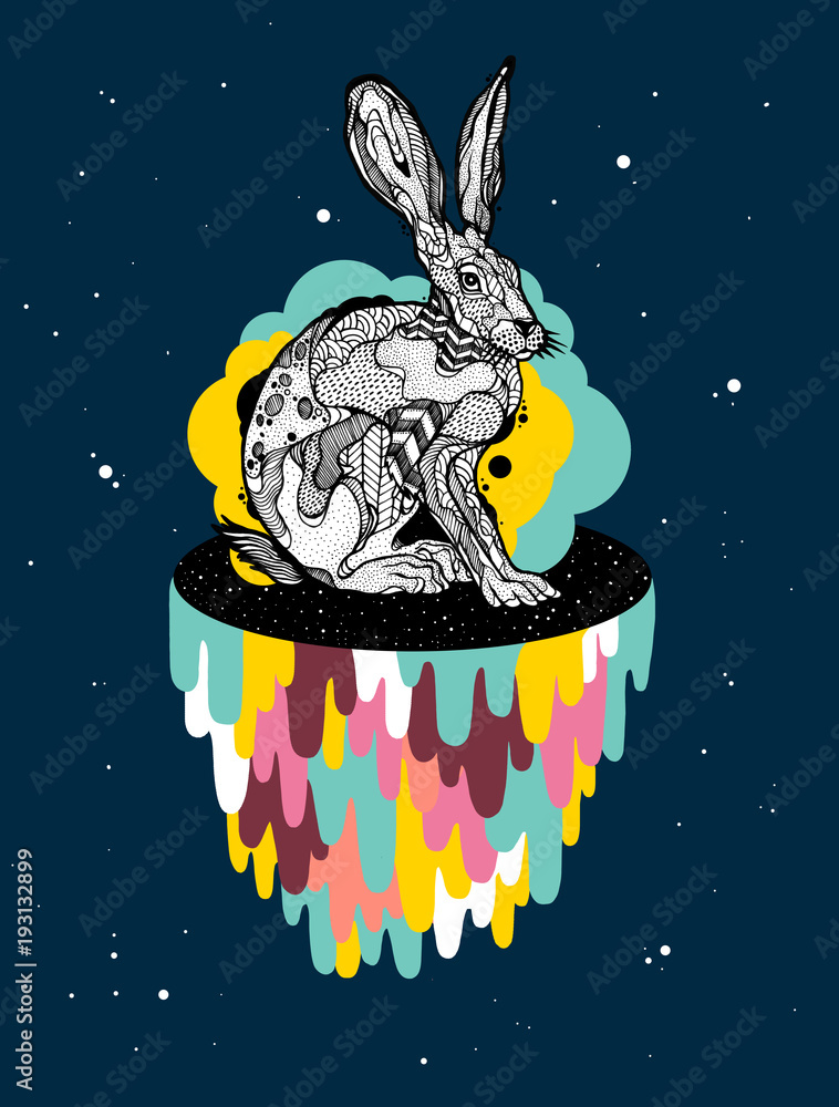 Space rabbit with drips and bubbles with background Stock Illustration ...