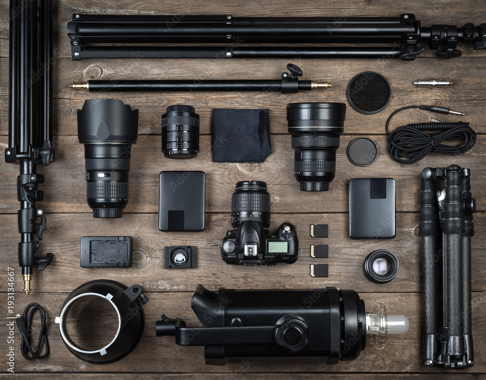 Set of the camera and photography equipment (lens, tripod, filter ...