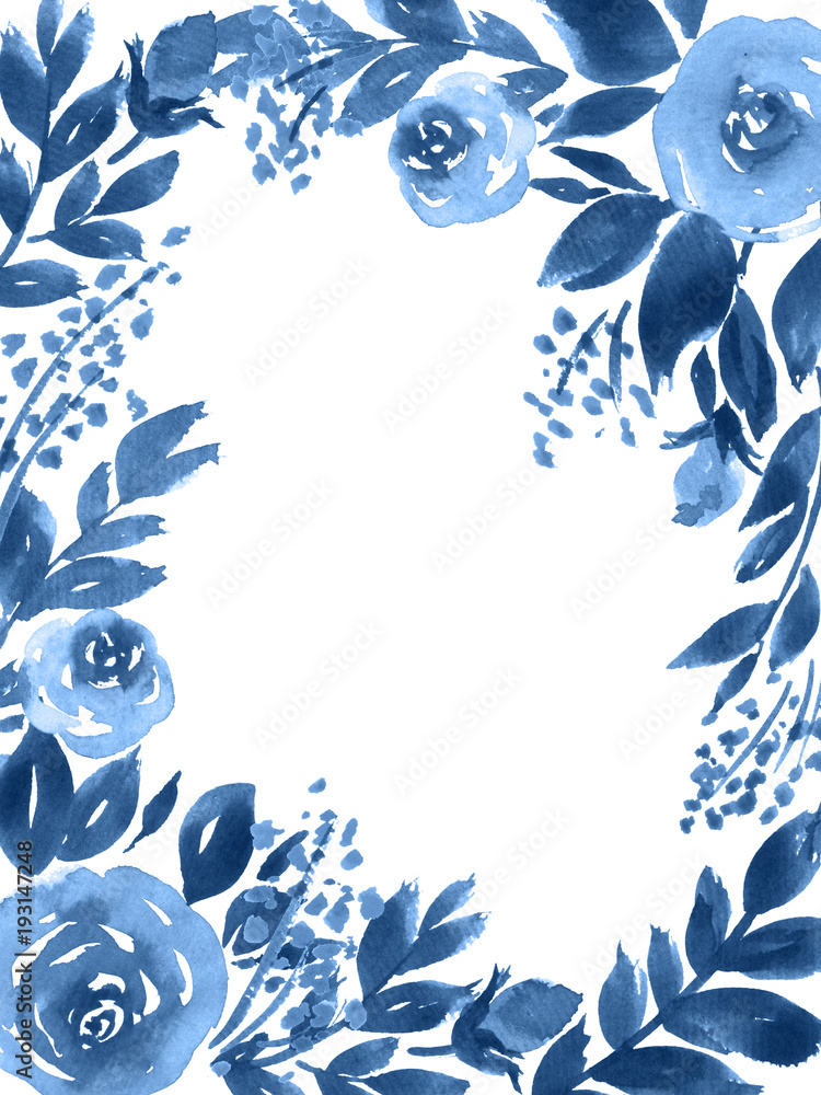 Indigo blue watercolor roses. Floral frame template Stock Illustration ...