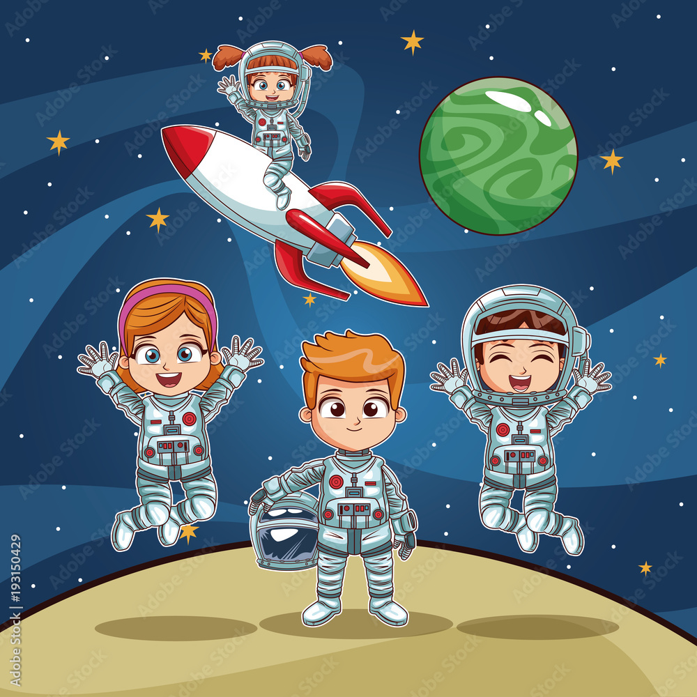 Astronauts kids on space cartoon vector illustration graphic design ...