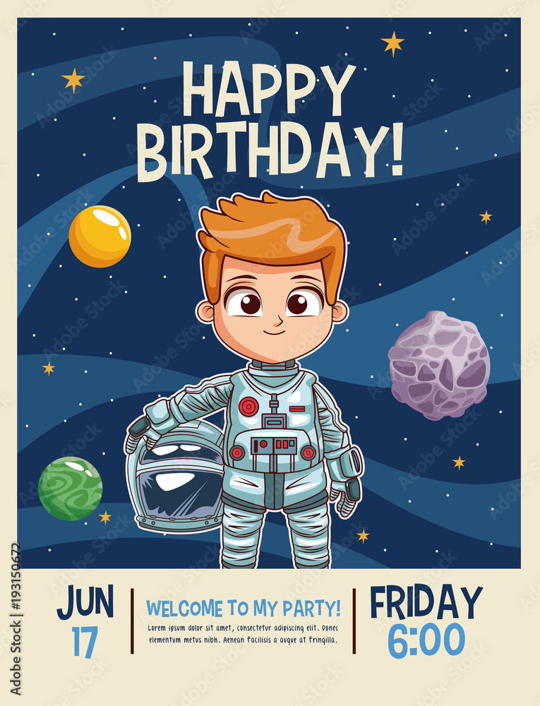Happy birthday invitation card, astronauts kids cartoons vector ...