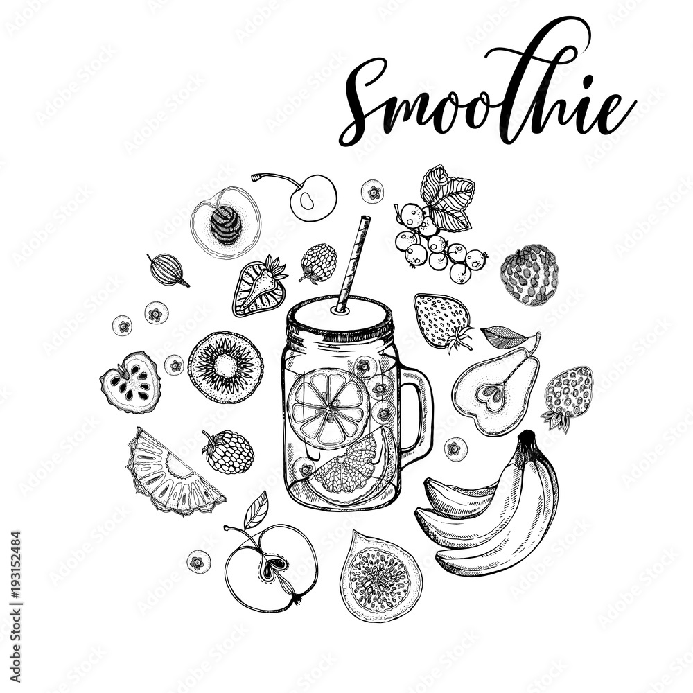 Set of hand drawn sketch style smoothie with fruits. Isolated vector ...