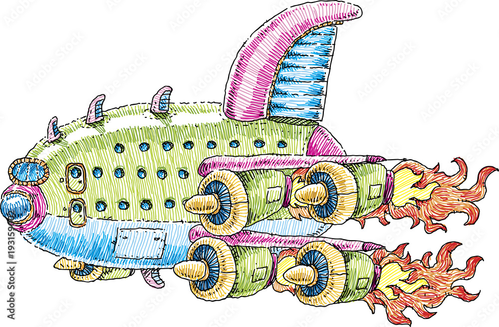 Whimsical cartoon illustration of a rocket-powered, supersonic ...