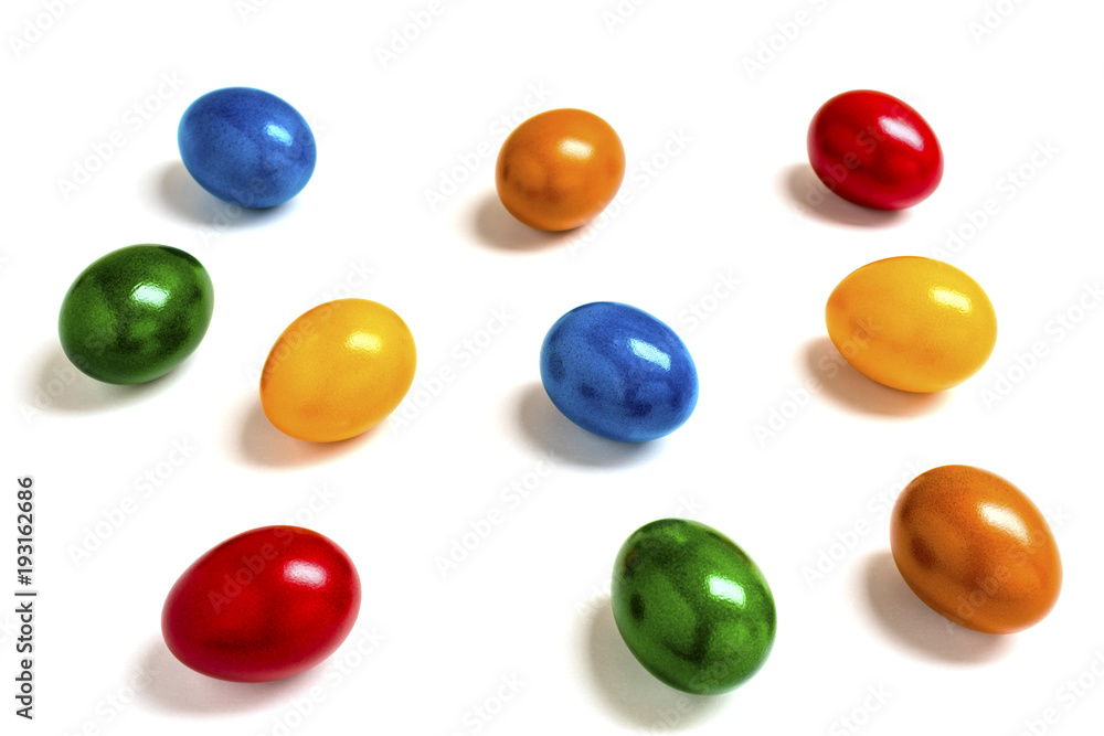 Zehn bunte Eier vor einem weißen Hintergrund Stock-Foto | Adobe Stock