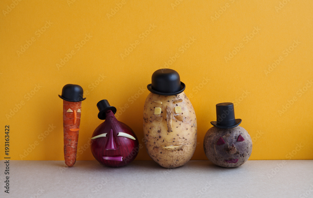 Vegetables team. Mister potato red onion beetroot carrot. Old fashion ...