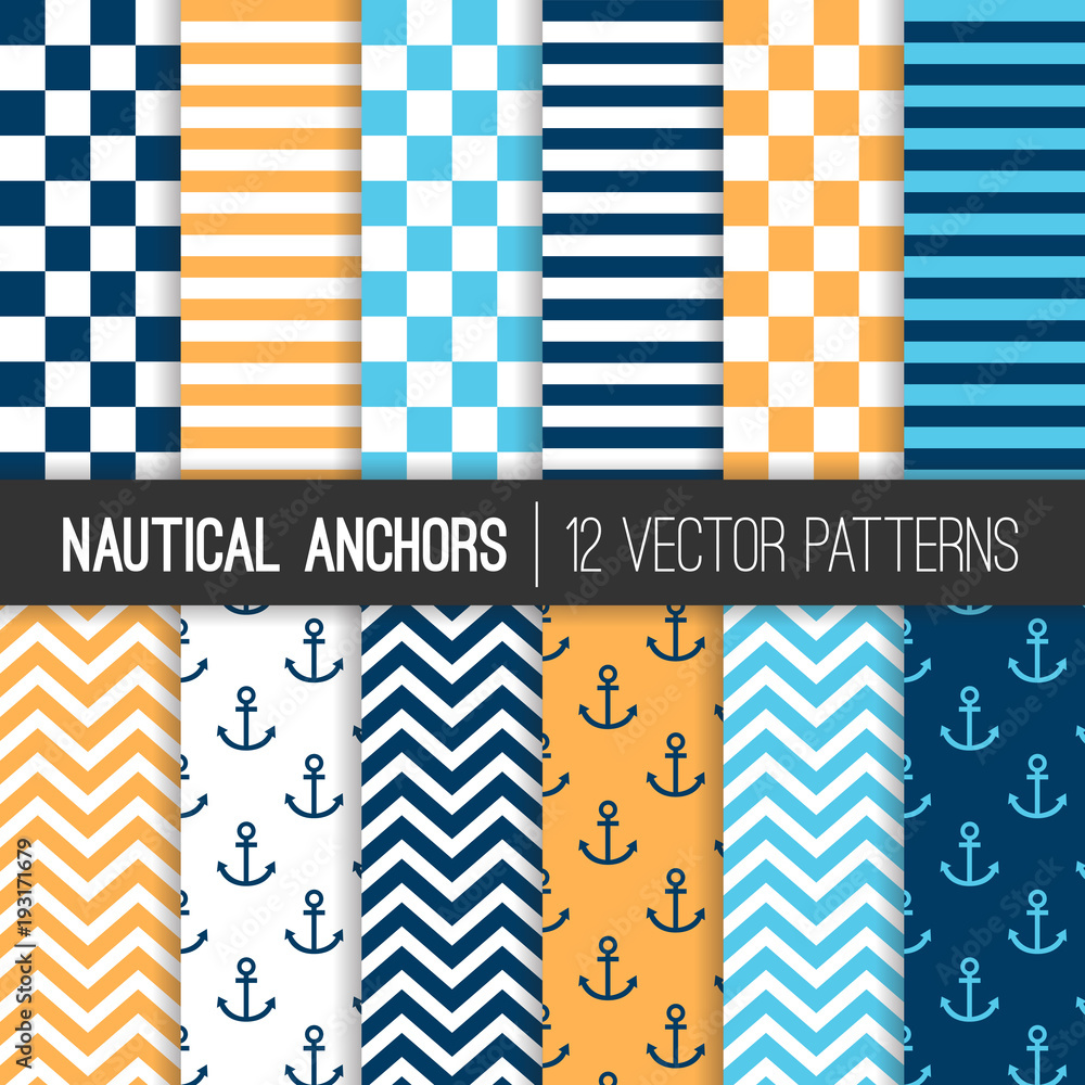Nautical Patterns with Stripes, Checks, Chevron and Anchors in Navy ...