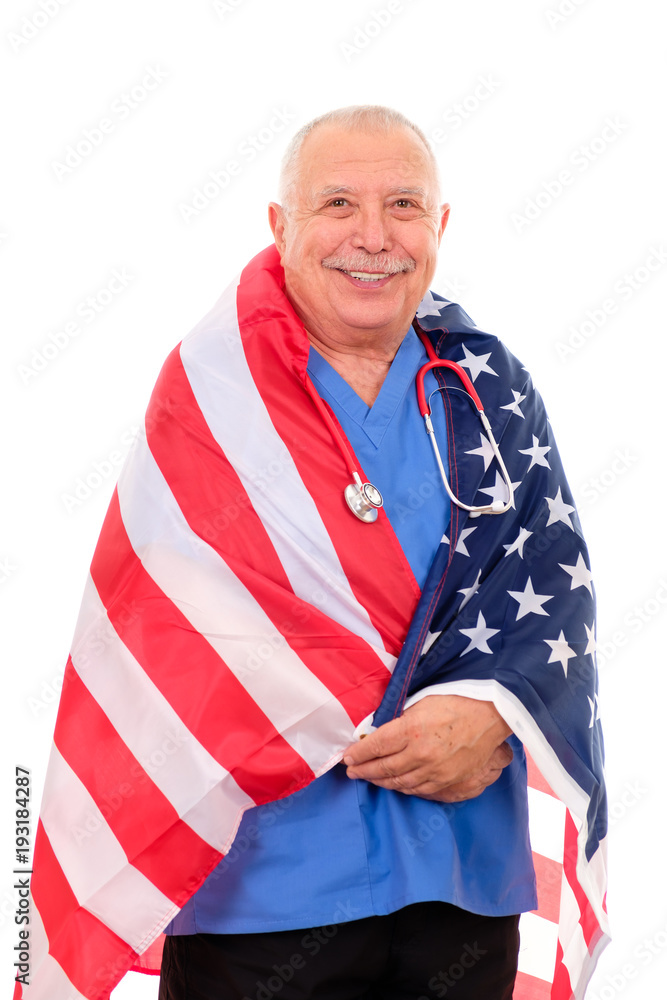Doctor patriot of America with the American flag around his shoulders ...