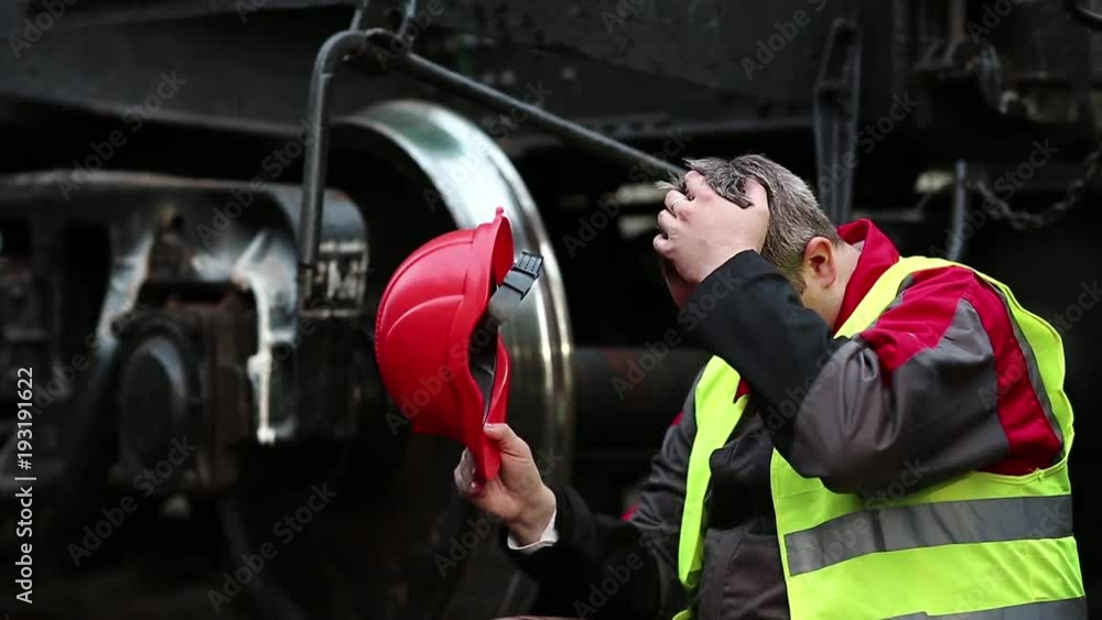 Stressed railroadman on railway track, railway worker sits on railway ...