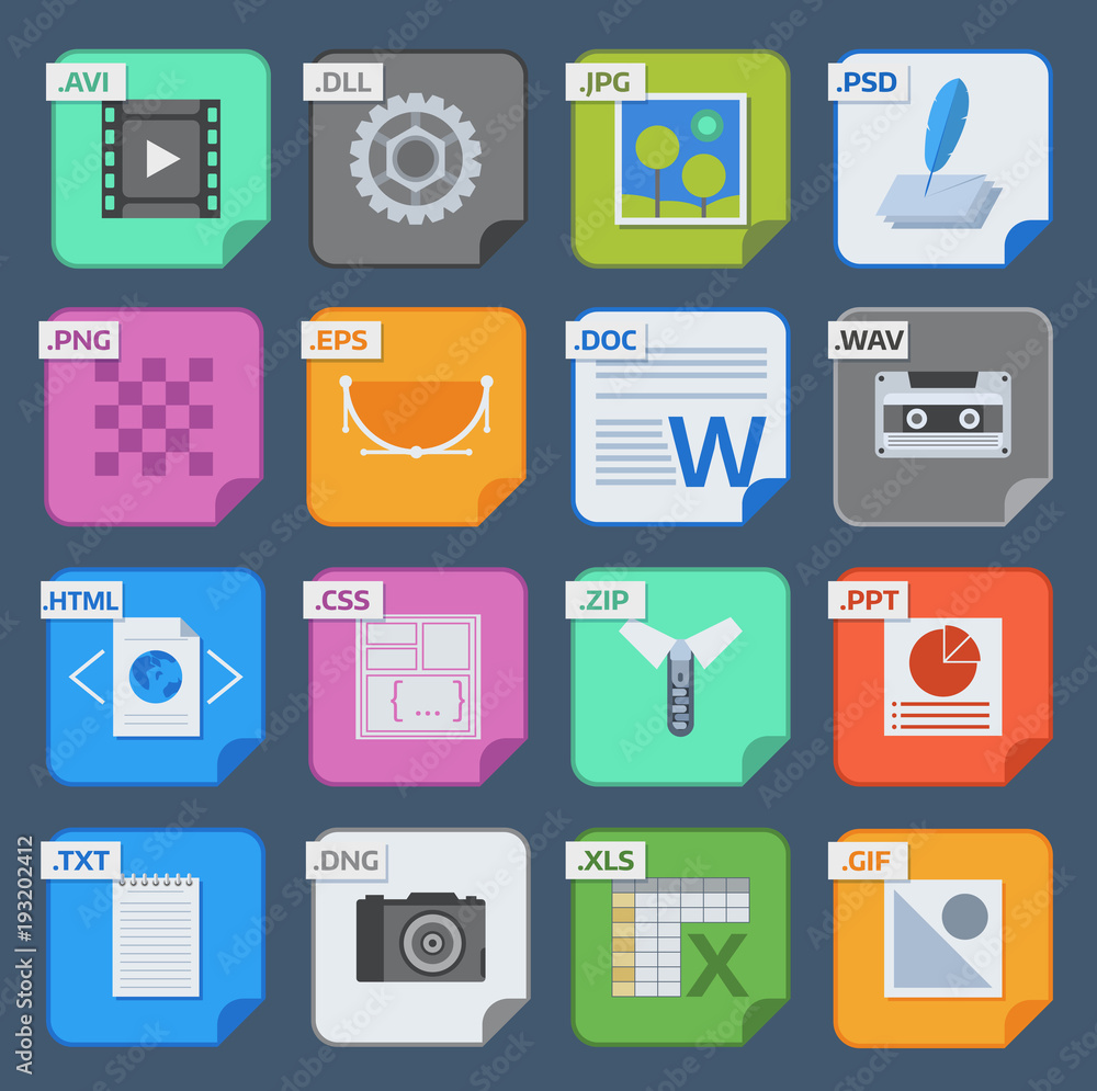 Vector square file types and formats labels icons set. File type format ...
