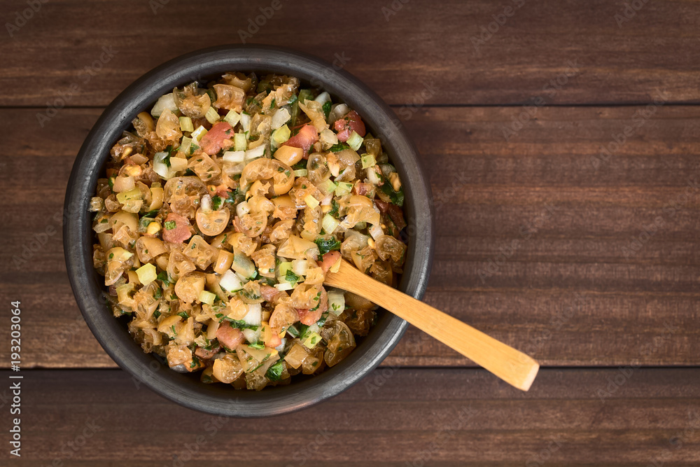 Chilean Pebre Salsa or Sauce made of Cochayuyo (lat. Durvillaea ...