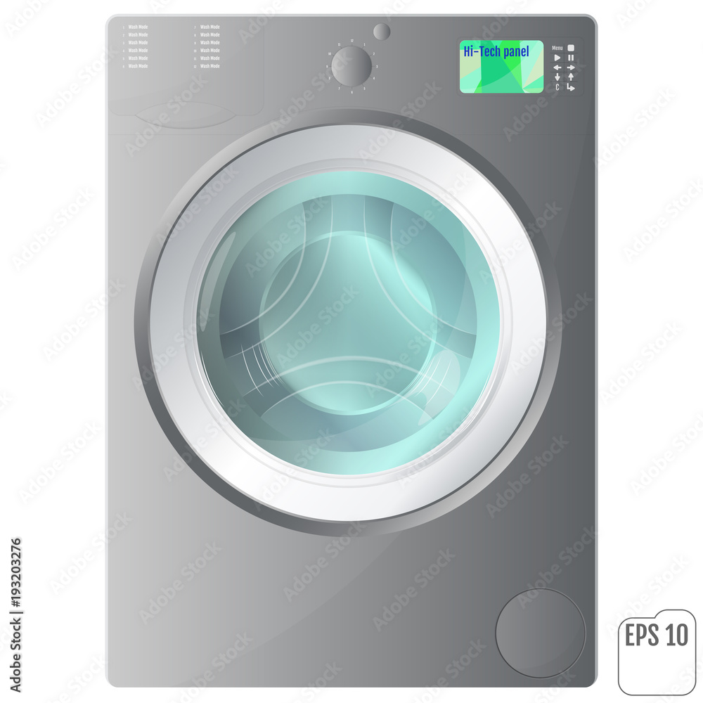 Realistic gray front loading washing machine on a white background ...