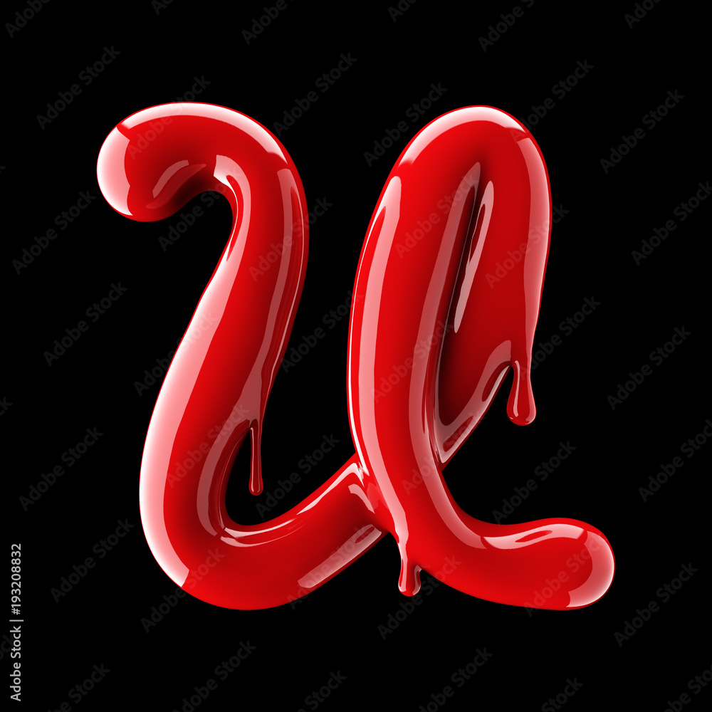 Leaky red alphabet on black background. Handwritten cursive letter U ...