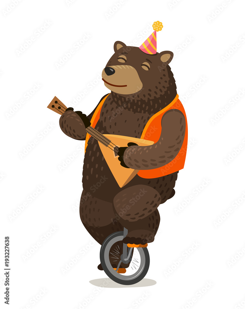 Circus performance. Happy bear rides unicycle and plays balalaika ...