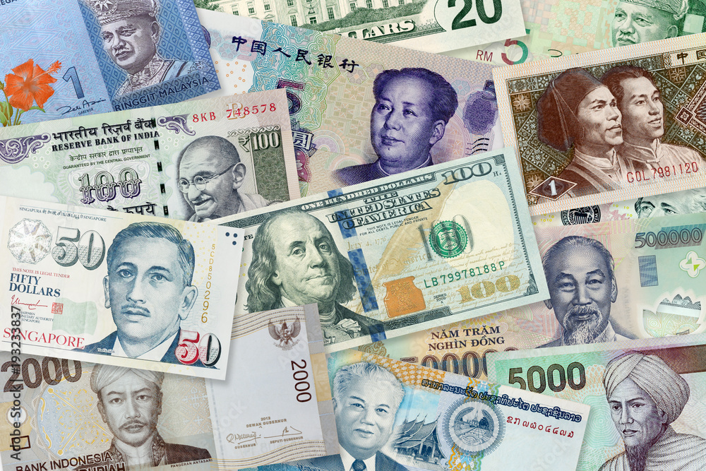 Multi banknotes of different values and currencies, top view pile of ...