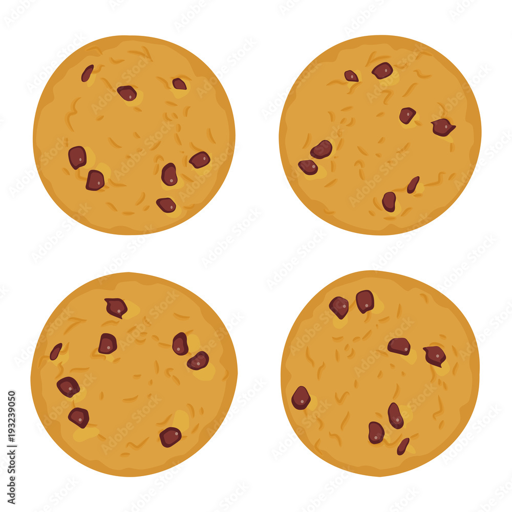 Chocolate chip cookie set, Freshly baked Four cookies isolated on white ...