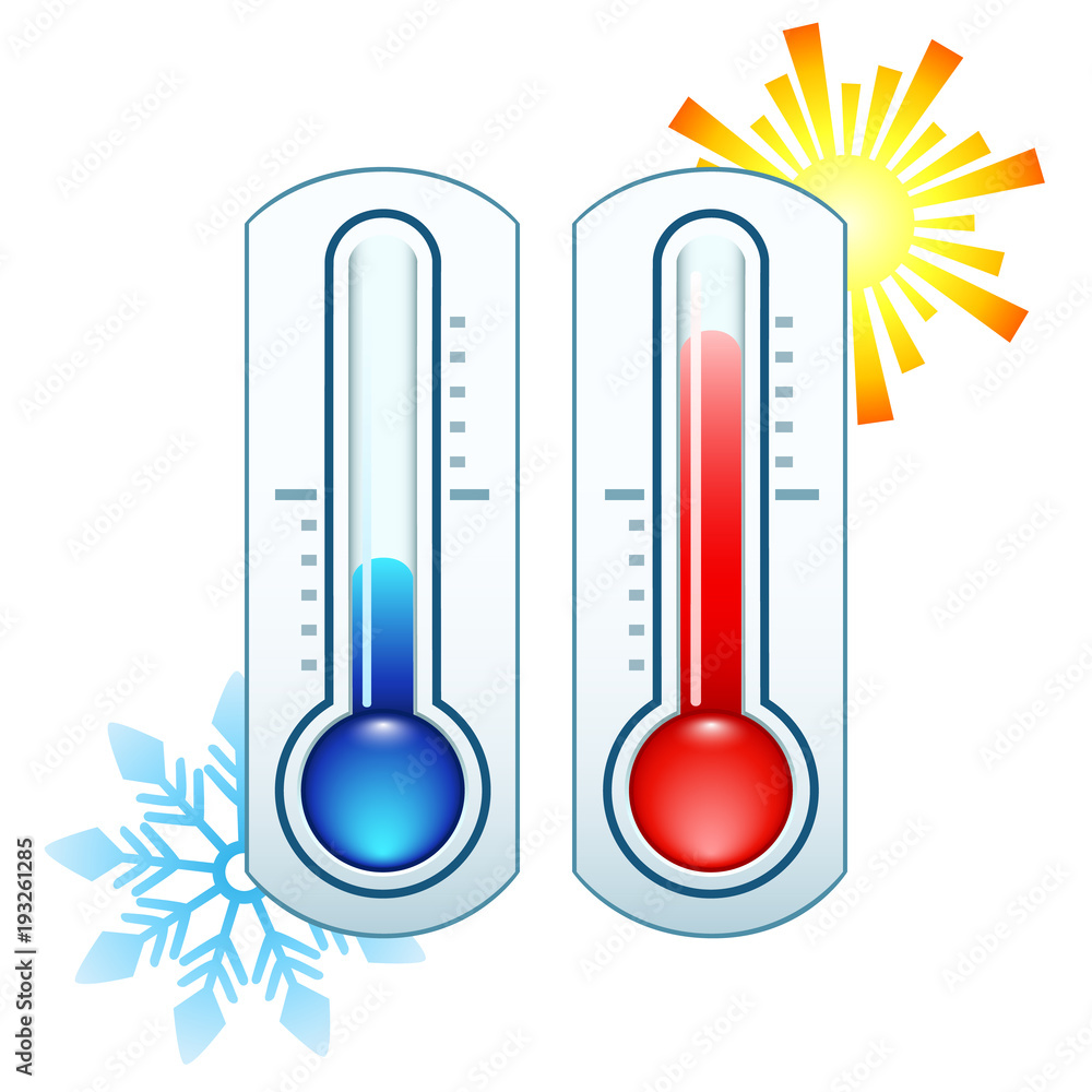 Thermometer icon measuring hot and cold temperature on background sun ...