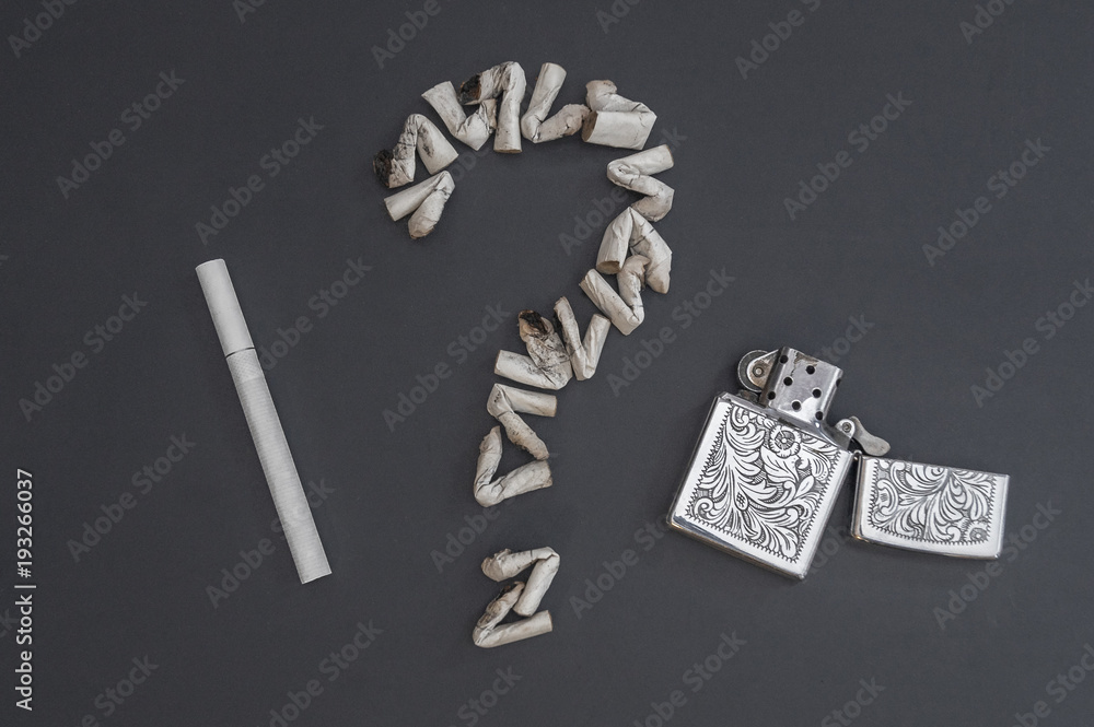 Question mark of cigarette butts, cigarette and gasoline lighter Stock ...