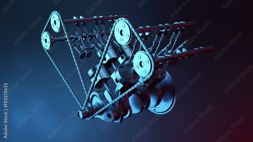 V6 engine inside, animation in motion, pistons, camshaft, chain, valves ...