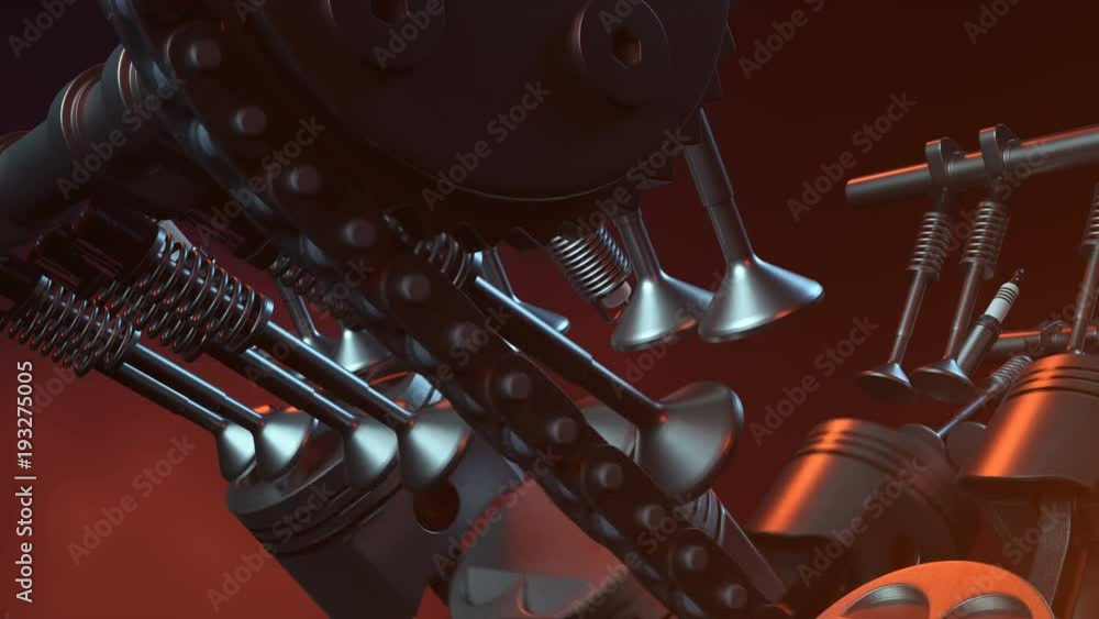 V6 engine inside, animation in motion, pistons, camshaft, chain, valves ...