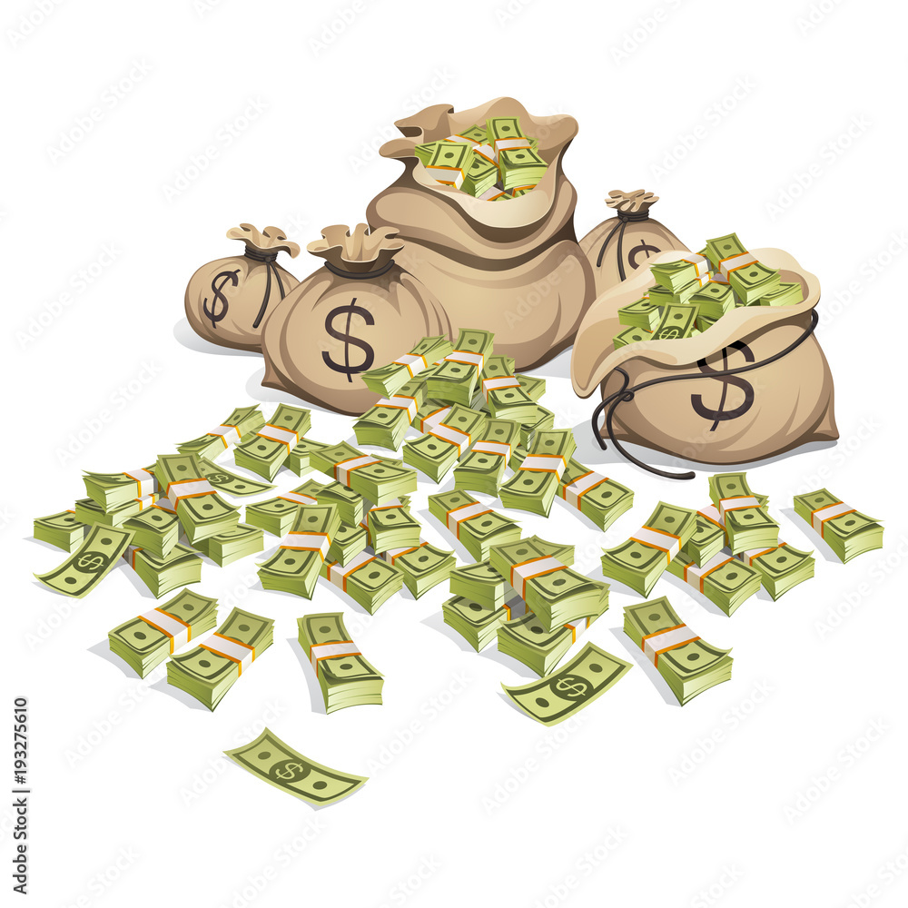 Bags of money. Packing in bundles of bank notes. Isolated on white ...