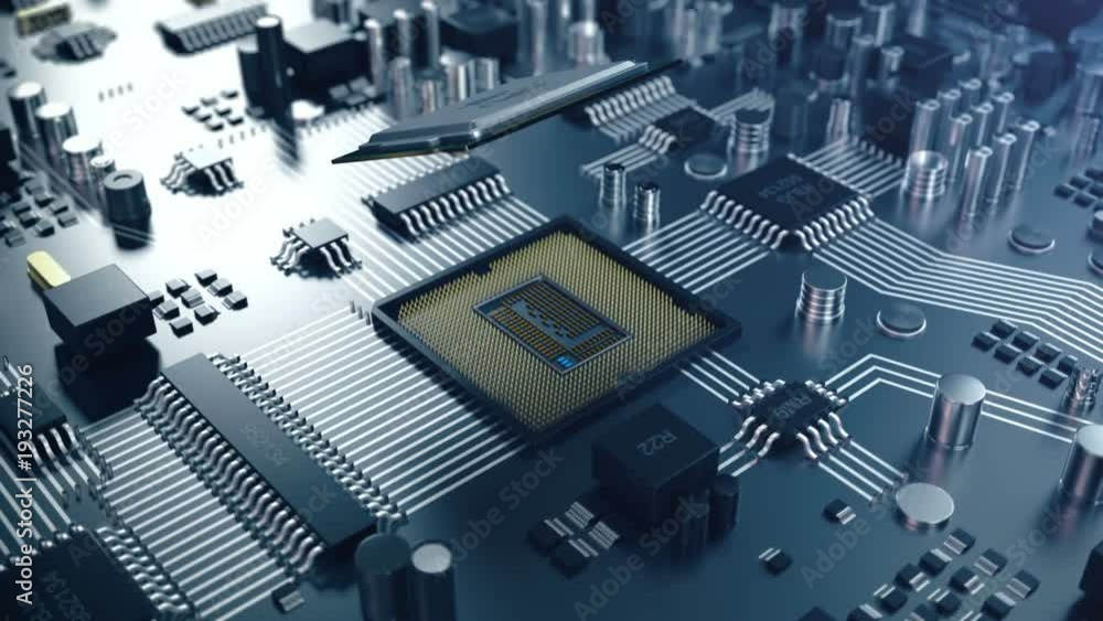 3D animation Circut board. Technology background. Central Computer ...