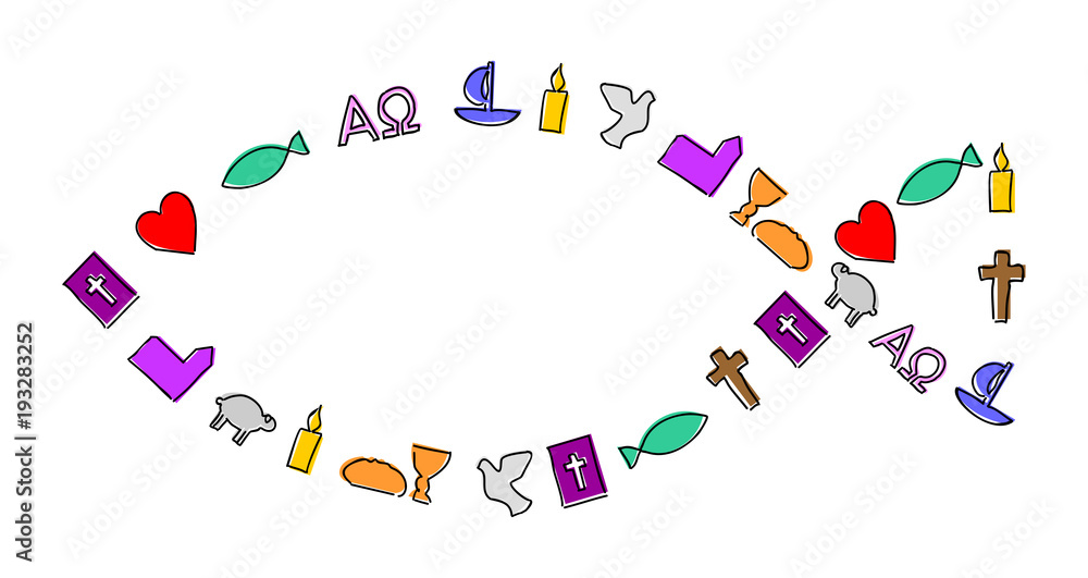 Bunte christliche Symbole in Form eines Fischs Stock Vector | Adobe Stock