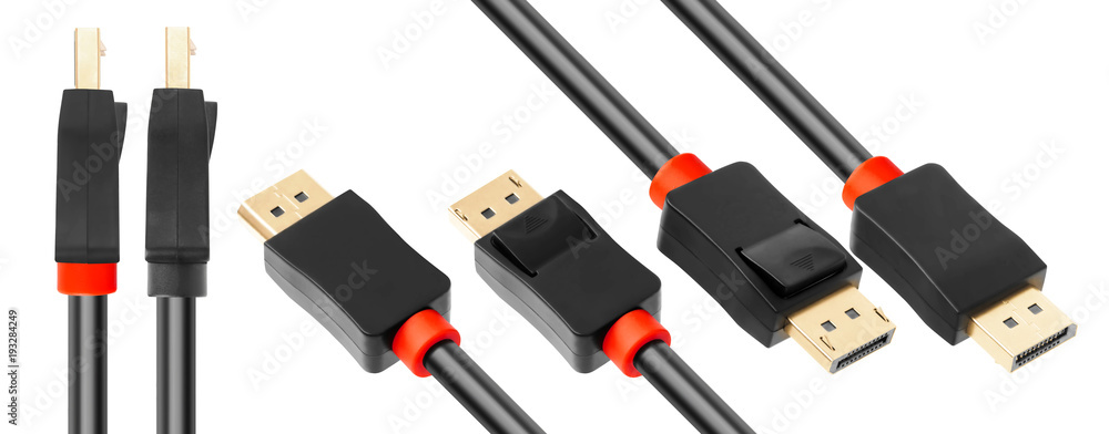 Cable display port with different camera angles on white background ...