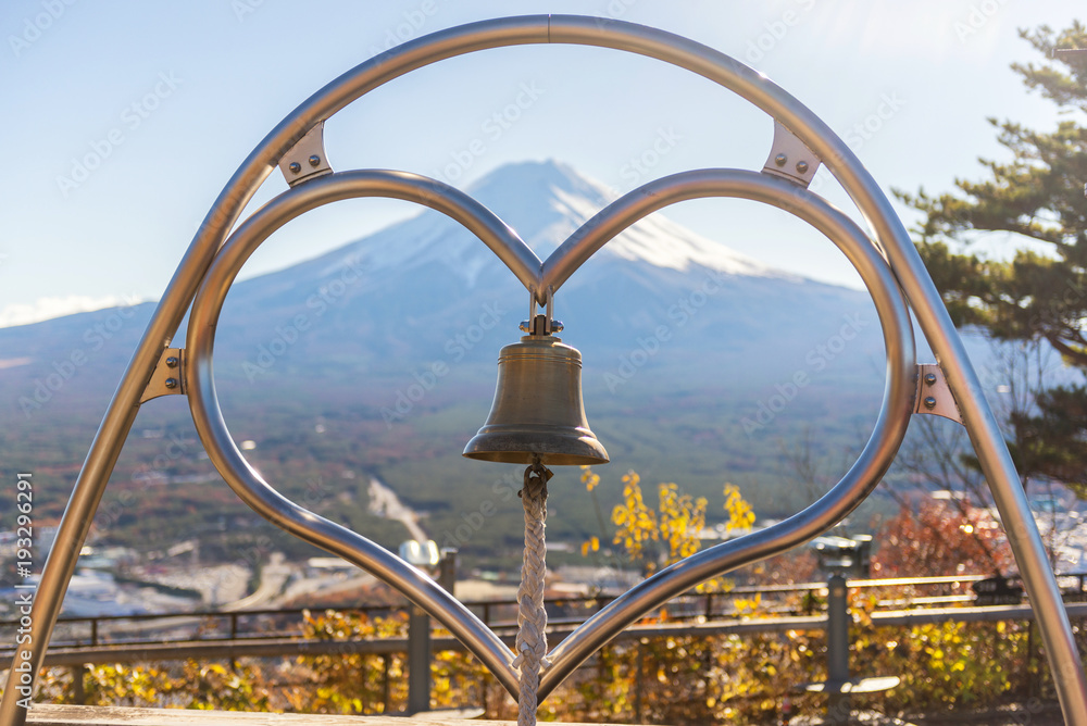 love Bell in heart frame at ropeway view point with Fujisan (Mount Fuji ...