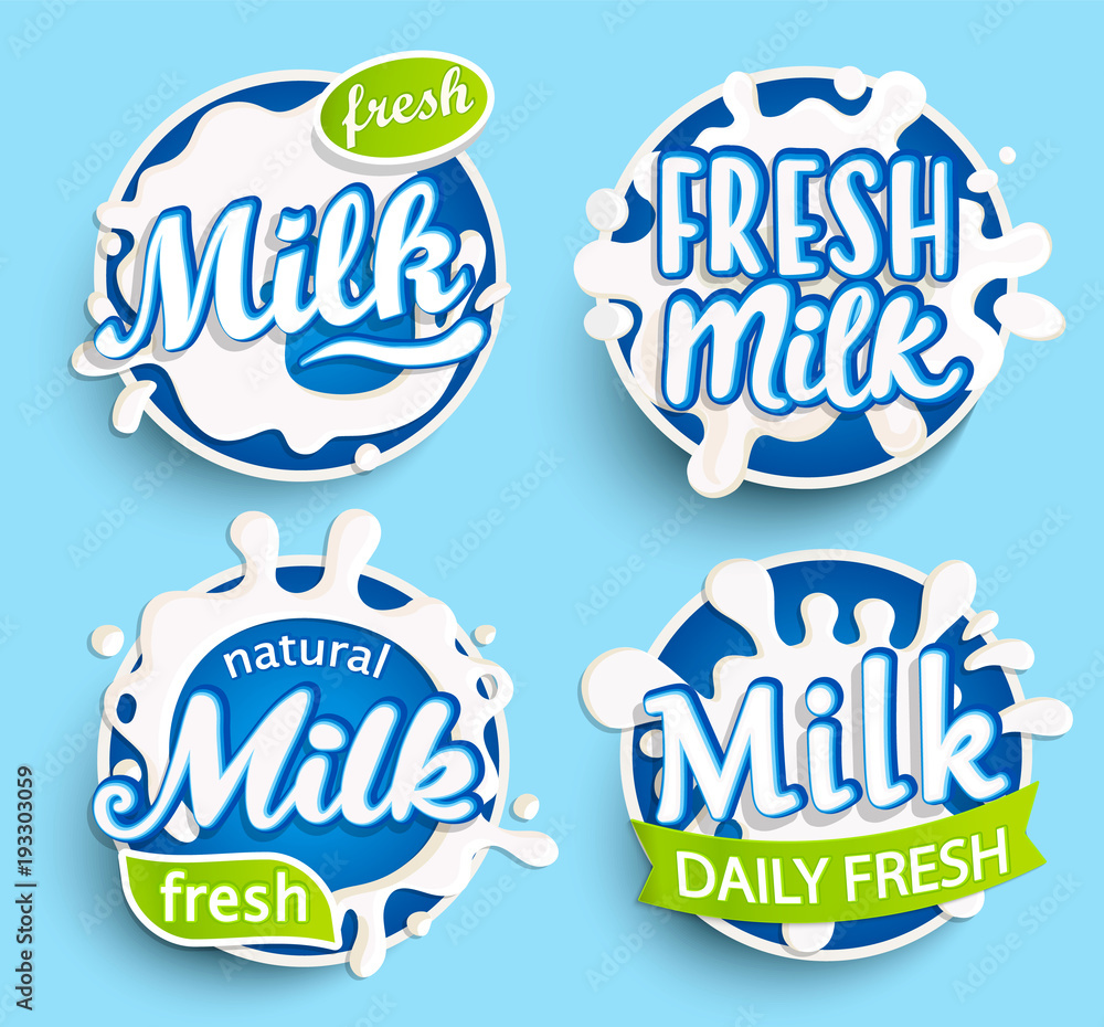 Set of different fresh milk logo, labels, splashes and dairy spots for ...