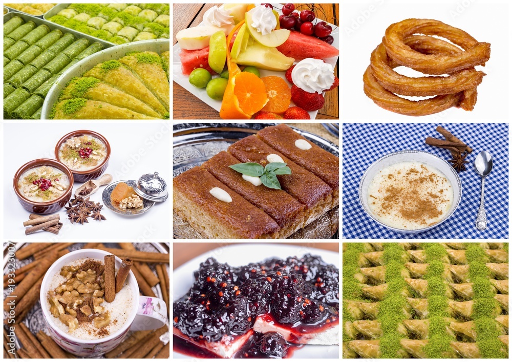 Turkish desserts collage; halka tatli, sambali, asure, baklava Stock ...