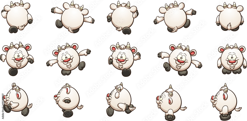 Cartoon goat sprites ready for animation. Front, back and side walk ...
