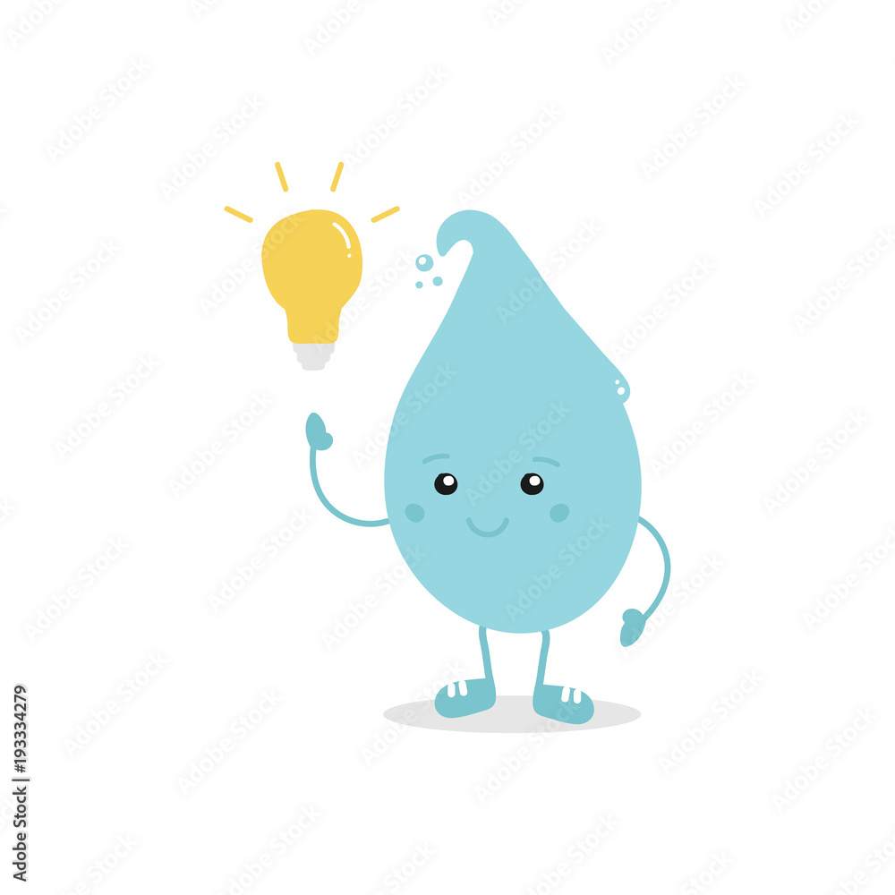Cute cartoon water drop character with lightbulb, symbol of idea ...