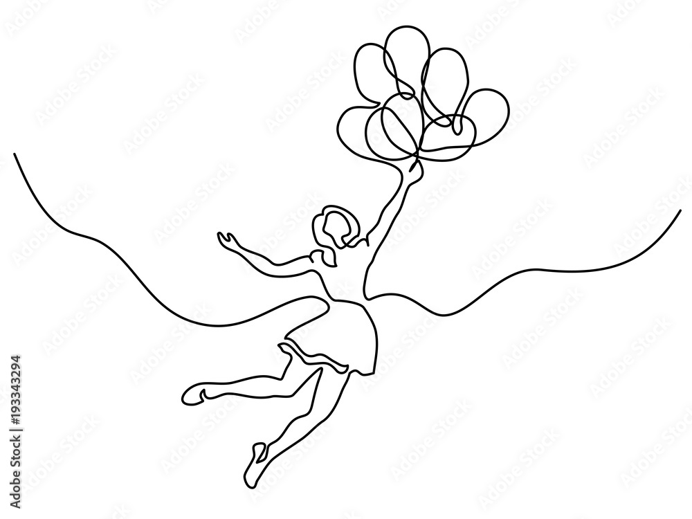Continuous line drawing. Girl flying in air with balloons. Vector ...
