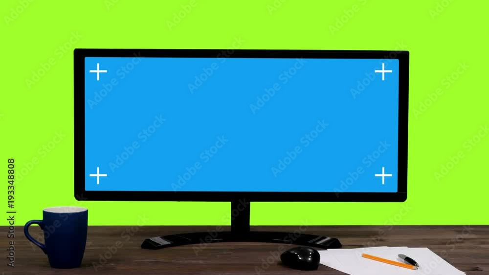 Widescreen monitor with blue screen on chroma key background Stock ...