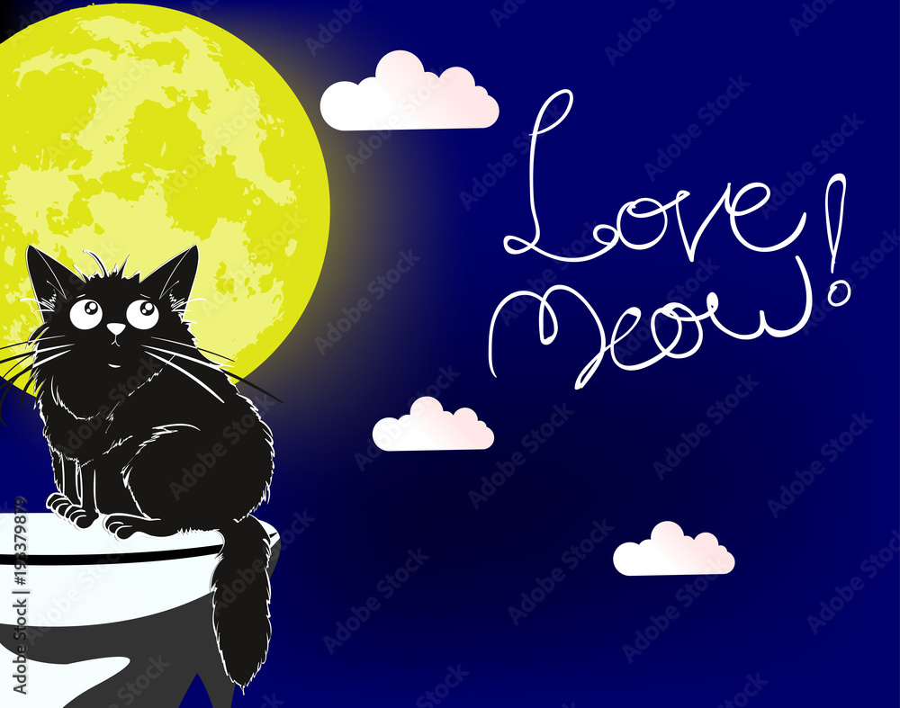 Love meow. Cartoon illustration. A loving cute cat under the moon ...