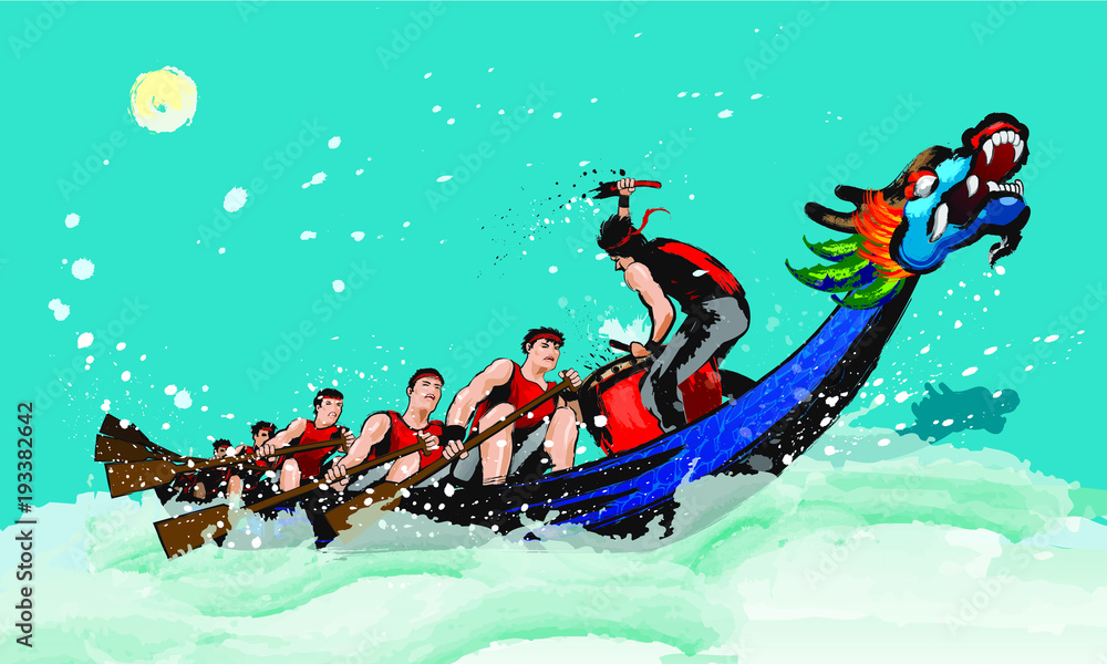 Vector of dragon boat racing during Chinese dragon boat festival. Ink ...