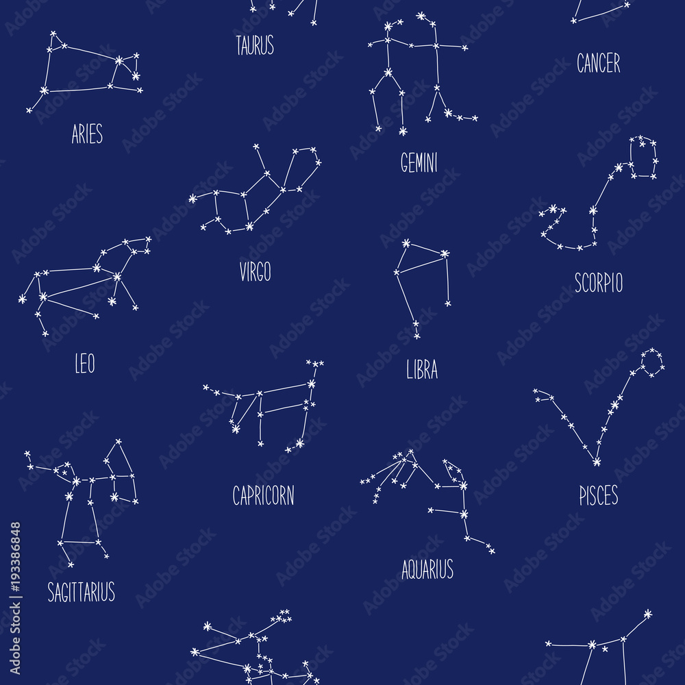Seamless background with schematic hand drawn zodiac constellations ...