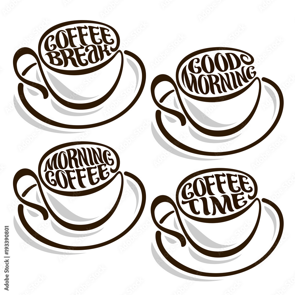 Vector set of outline Coffee Cups and saucers with text messages ...