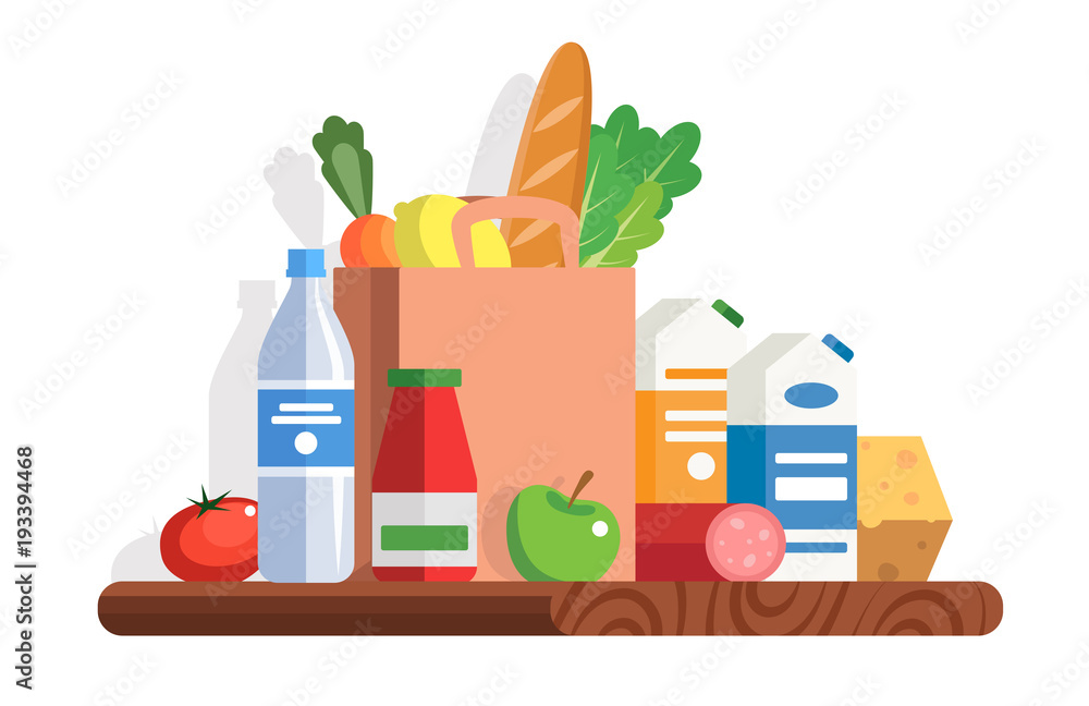 Fresh Food vector illustration in flat style. Different food and ...